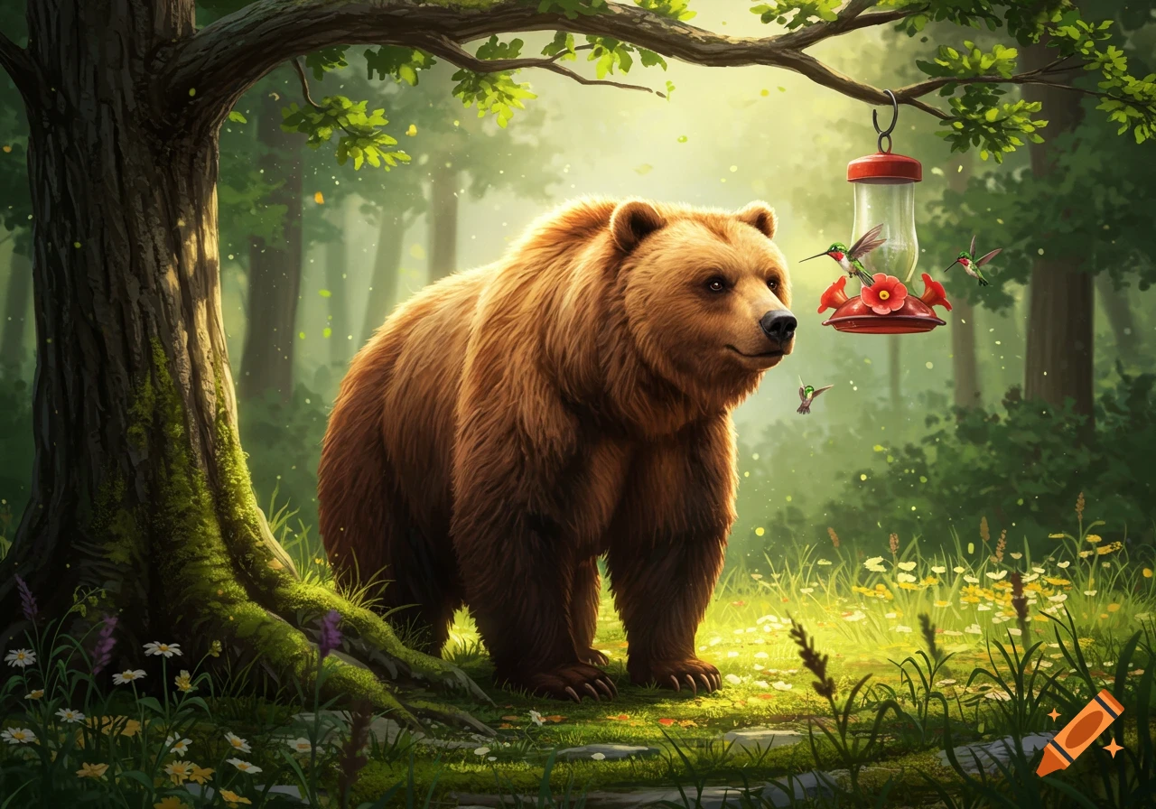 A brown bear stands beneath a tree, looking at a red hummingbird feeder ...