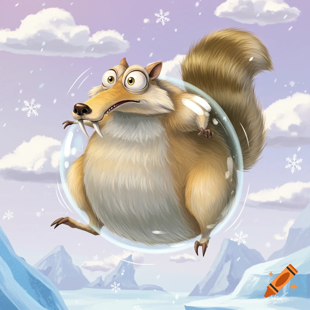 Scrat from Ice Age holds an acorn while looking at Stitch in a snowy ...