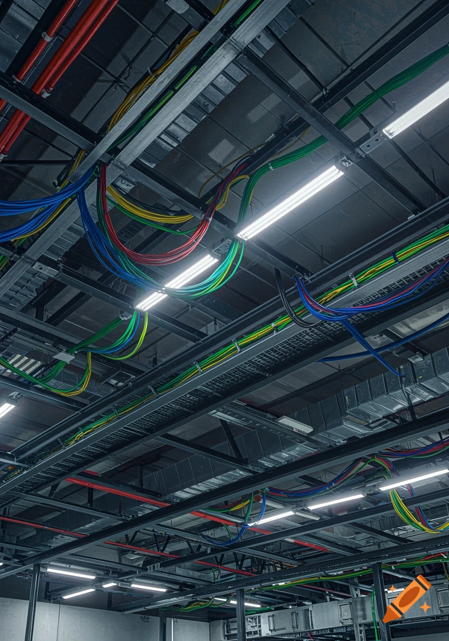 Low-angle view of a complex industrial ceiling with colorful electrical ...