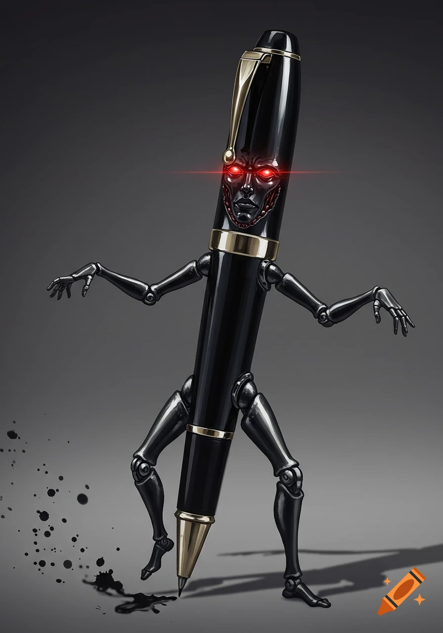 An anthropomorphic black fountain pen with gold details, robot arms and ...