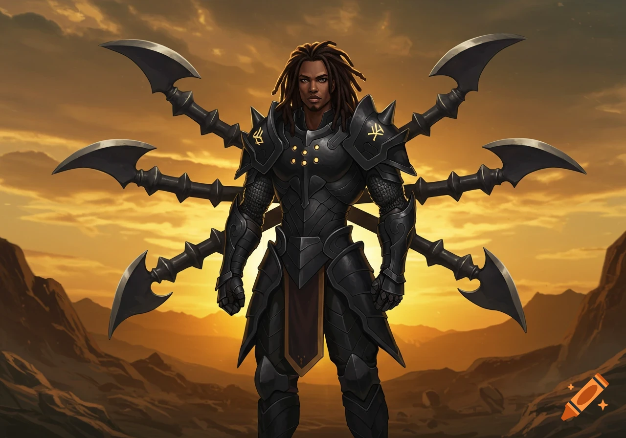 A Black man with dreadlocks wears black fantasy armor with scorpion ...