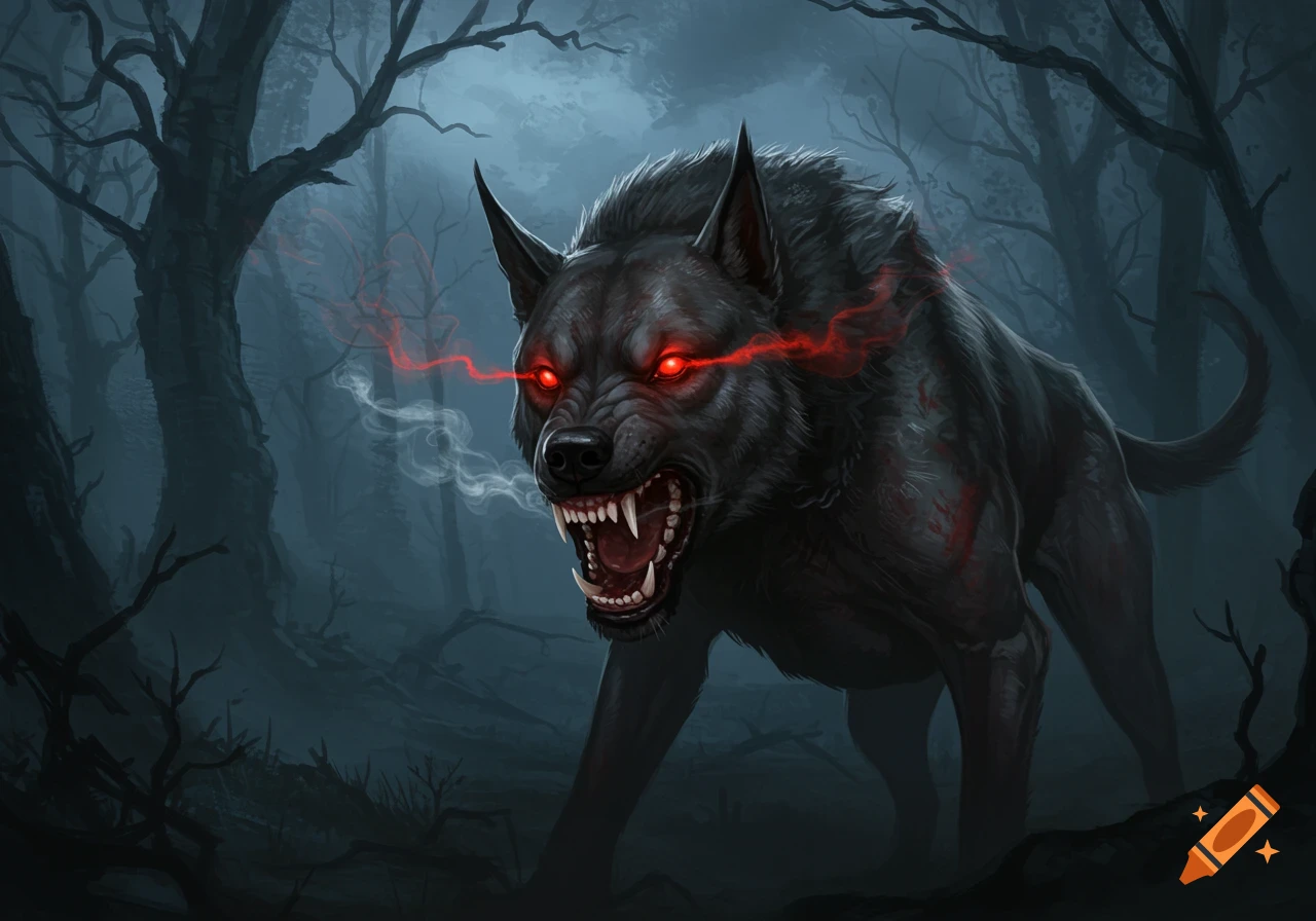 A monstrous black wolf-like creature with glowing red eyes and bared ...