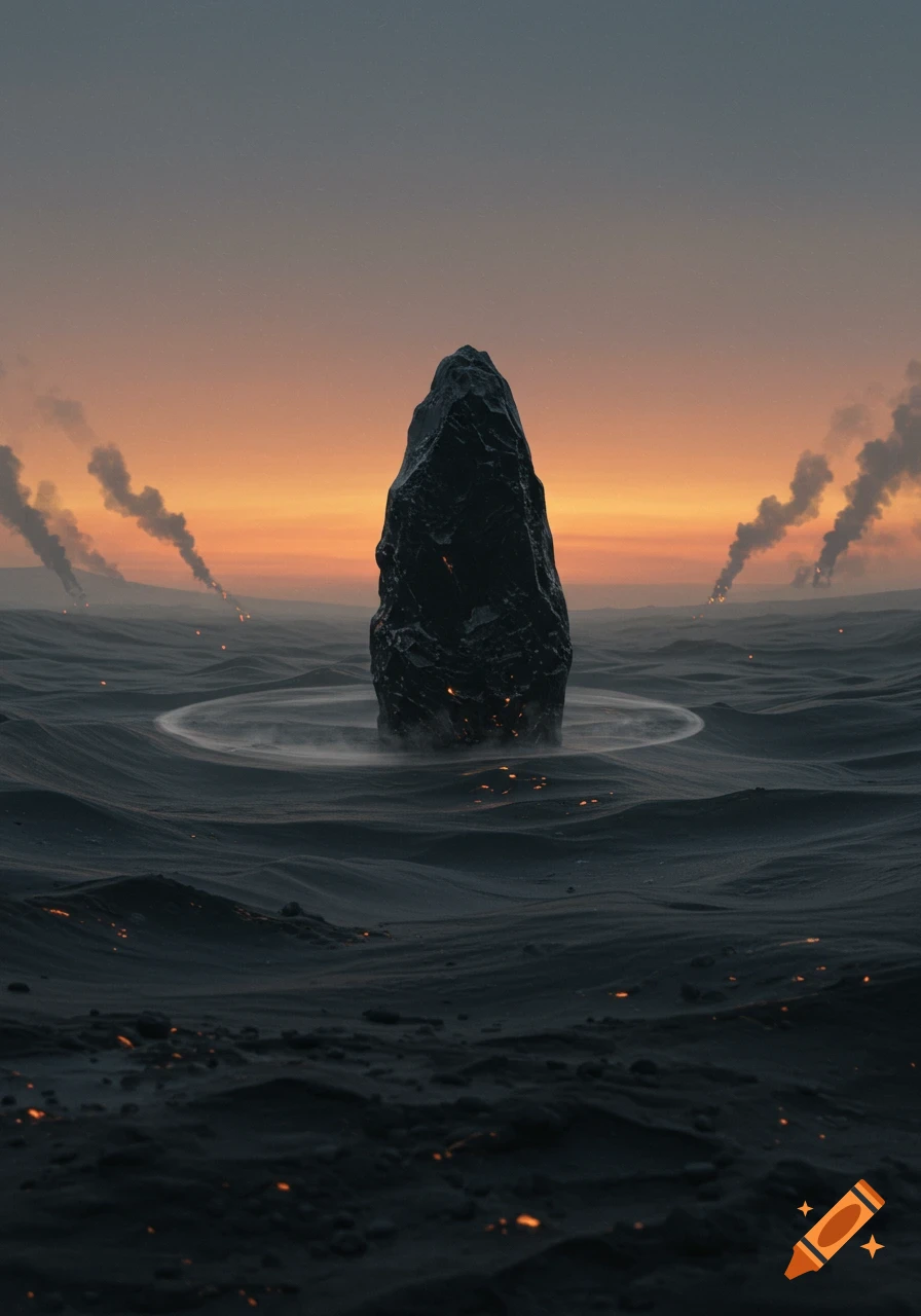 A large, dark, monolithic stone stands in a vast field of dark ...