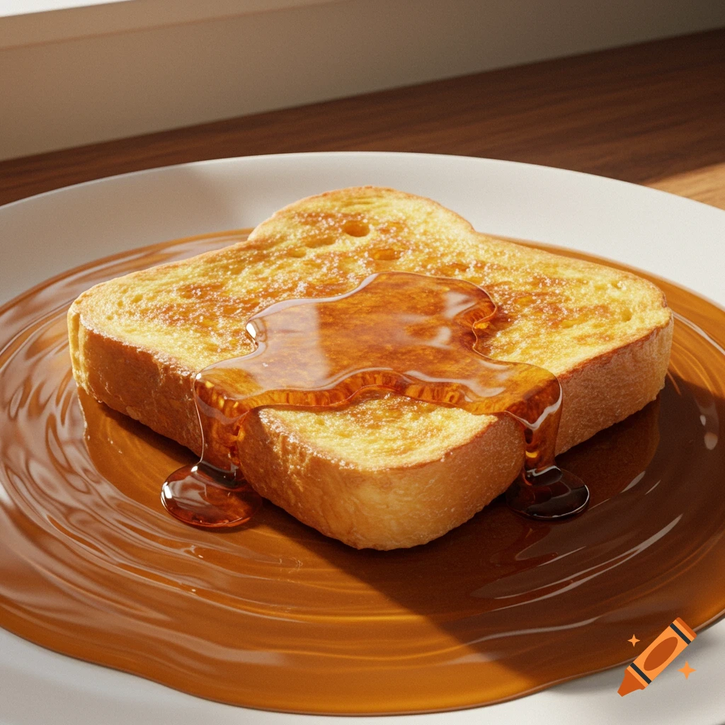A slice of golden-brown French toast with maple syrup dripping over it ...