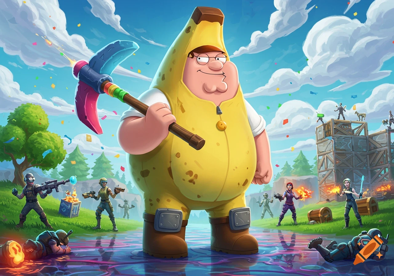 Cartoon Peter Griffin in a banana suit holding a pickaxe in a vibrant ...