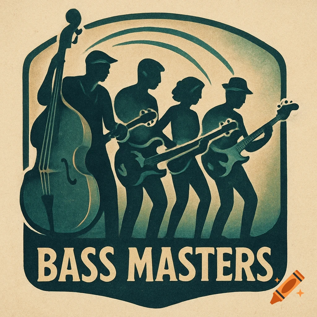 Vintage-style logo featuring silhouettes of four musicians playing bass ...