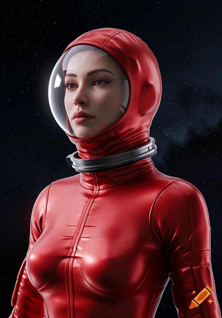 A photorealistic portrait of a female astronaut in a shiny red spacesuit with a clear helmet ...