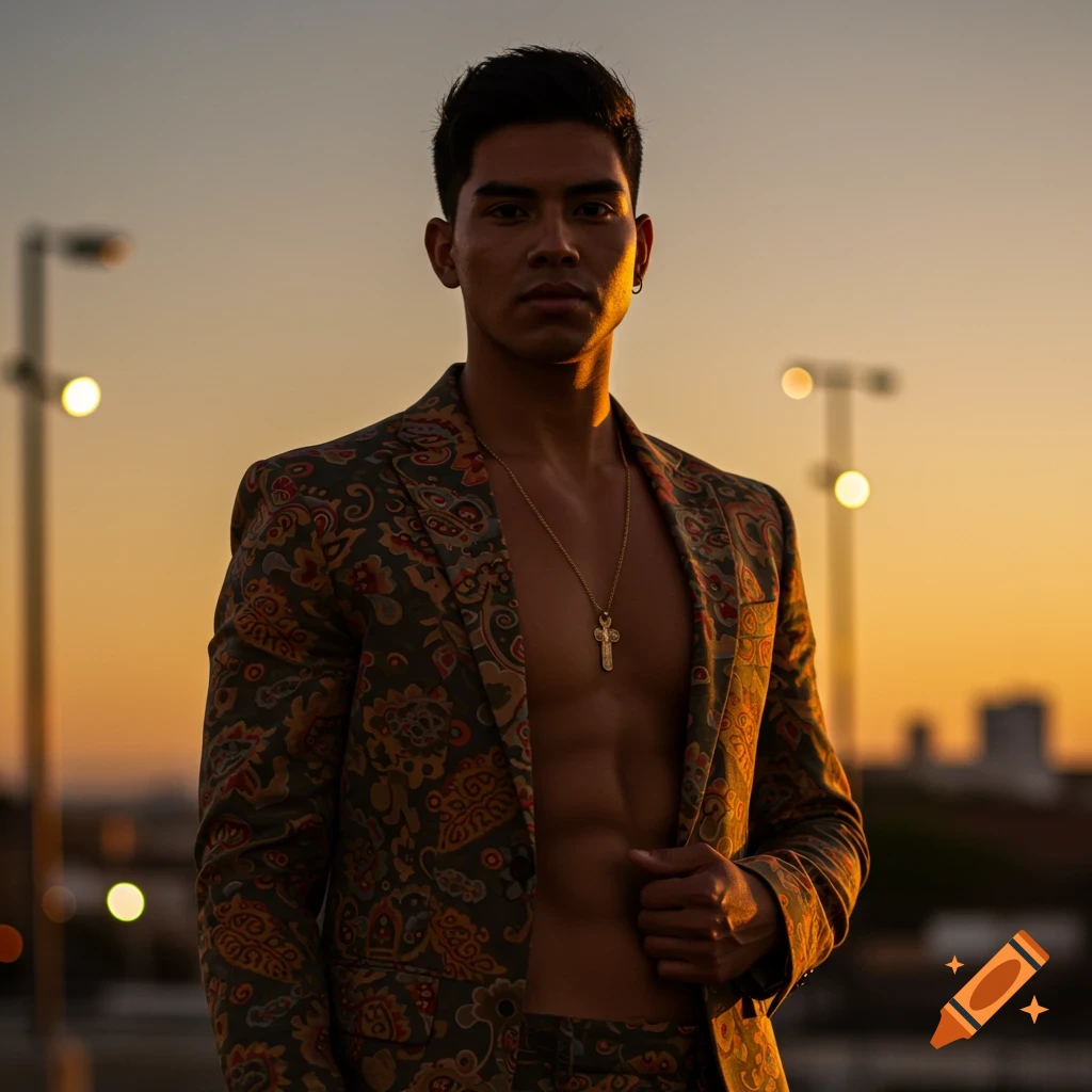 A man in a patterned suit jacket, unbuttoned to reveal his abs, stands ...