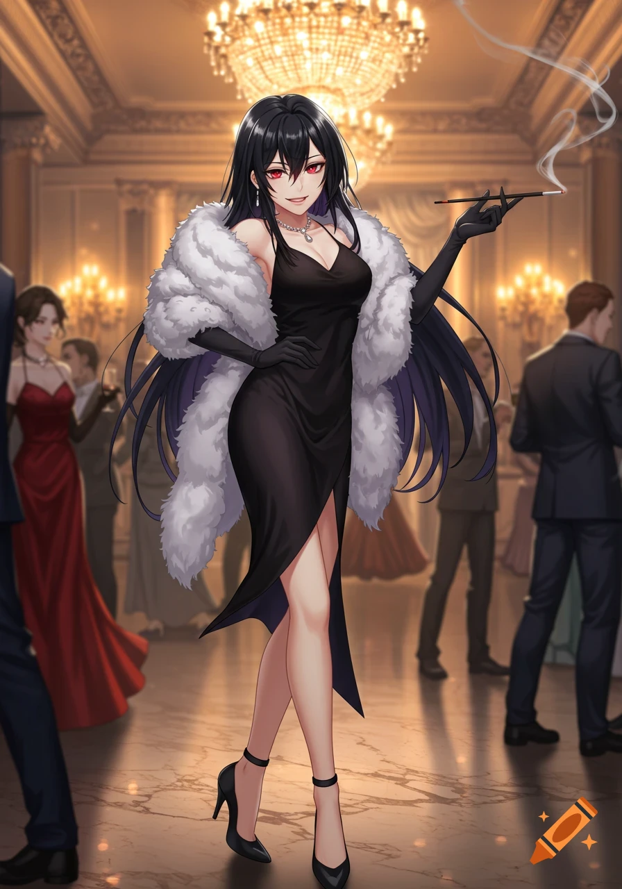 An anime woman with long black hair and red eyes, wearing a white fur ...