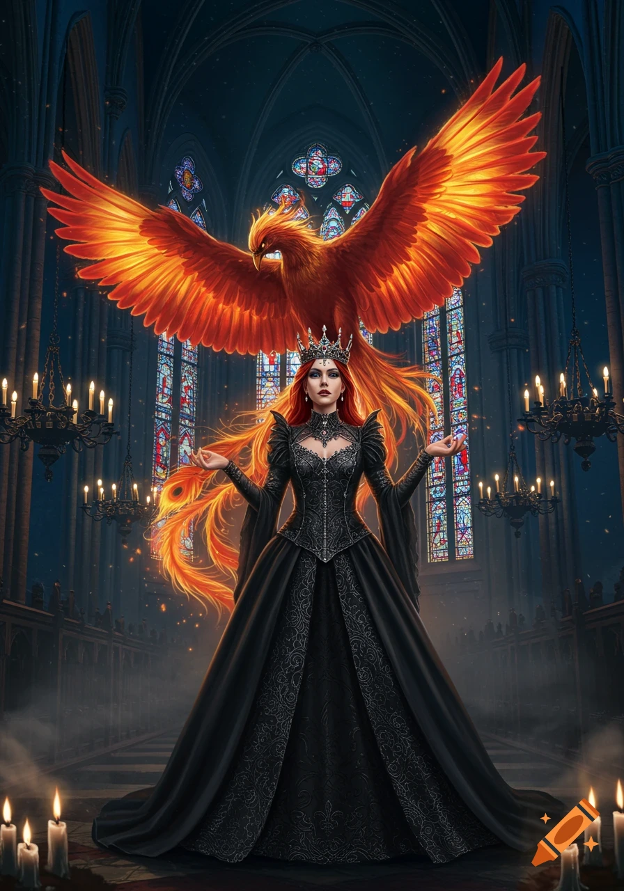 A gothic queen with fiery red hair and a crown stands in a grand ...