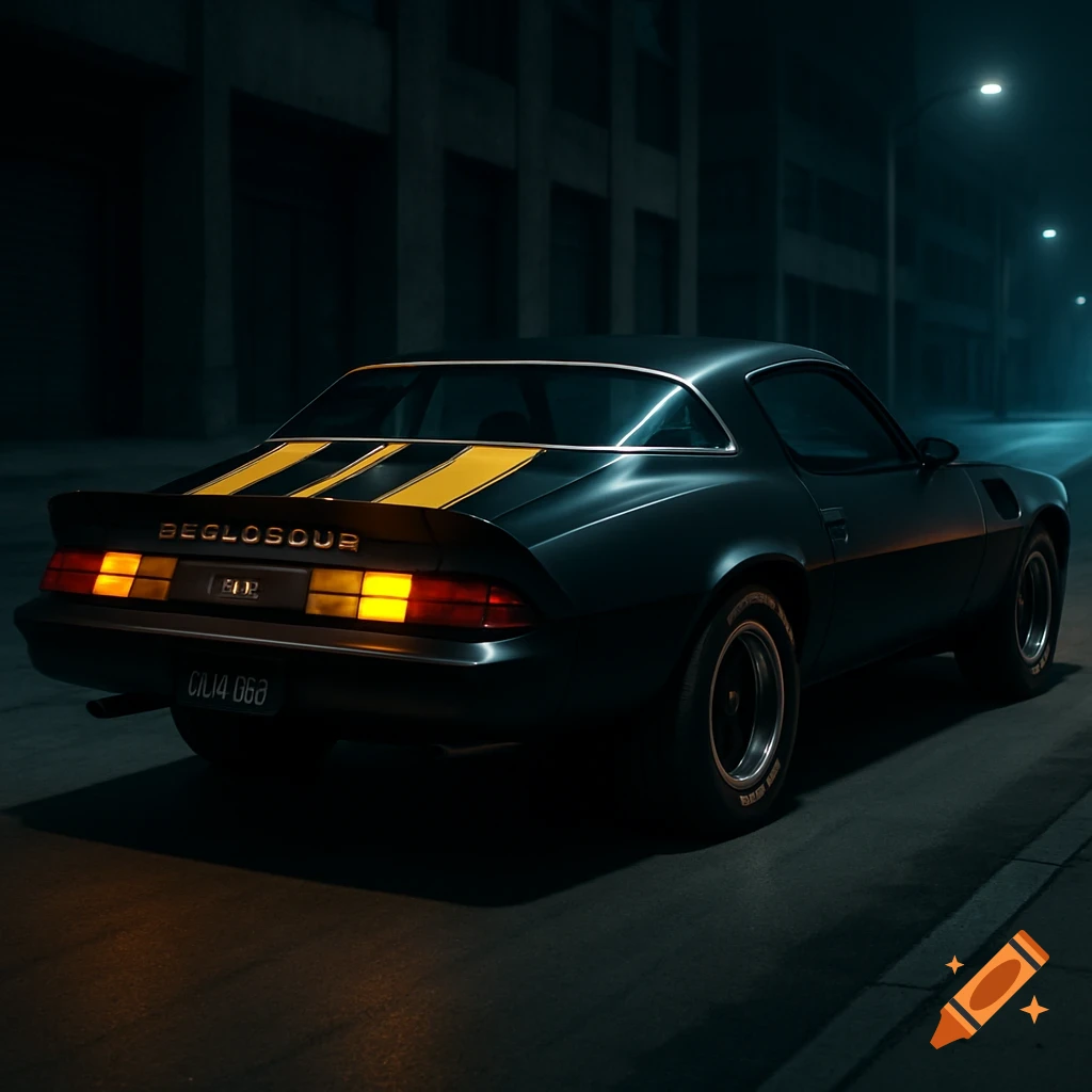 Dark image of a black classic Camaro with yellow racing stripes on its ...