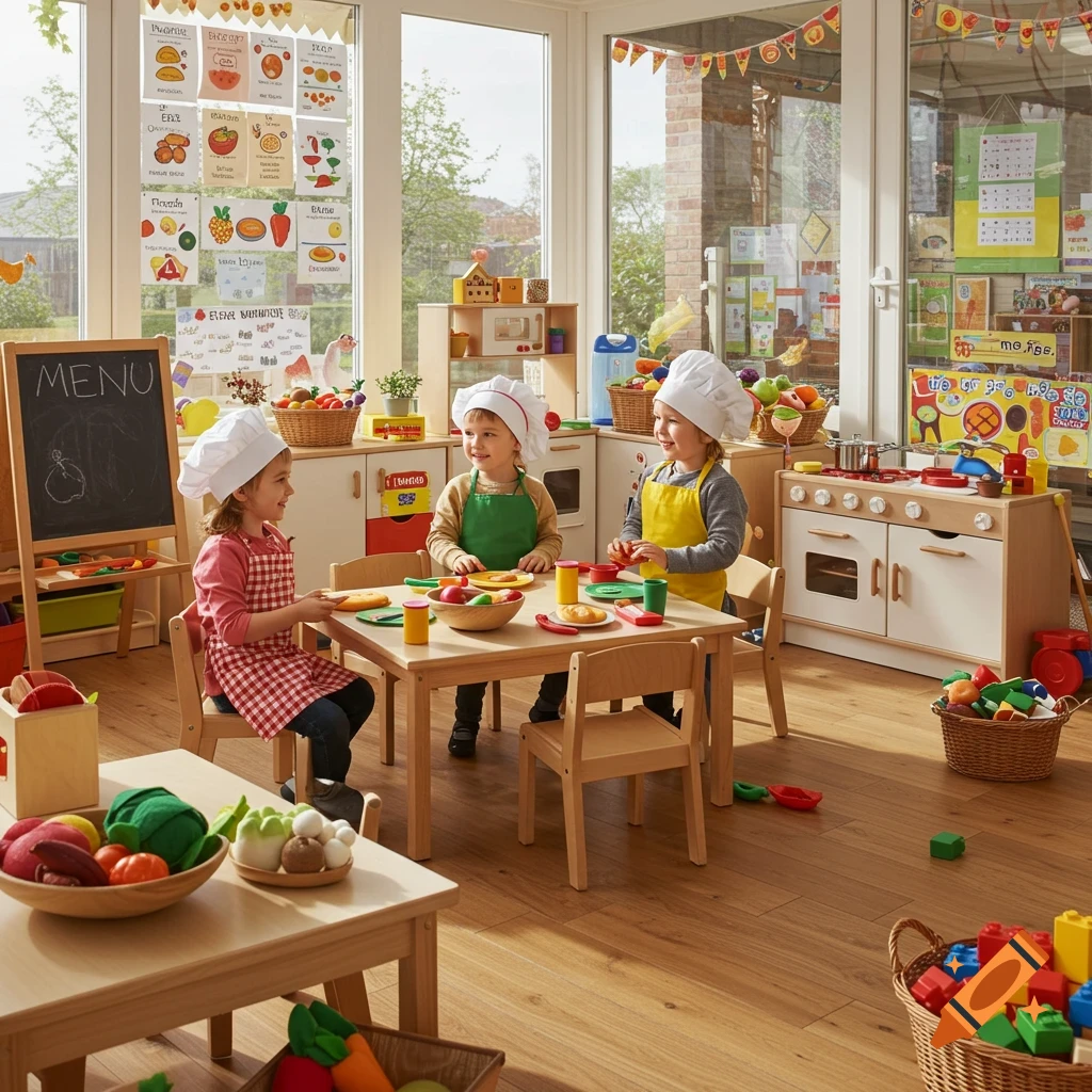 Three young children dressed as chefs, two boys and a girl, are seated ...