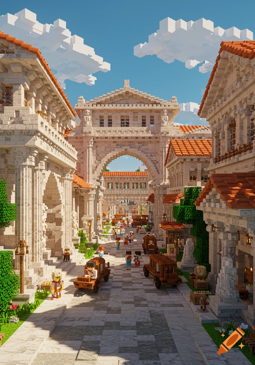 A detailed Minecraft-style street view of a bustling city with ...