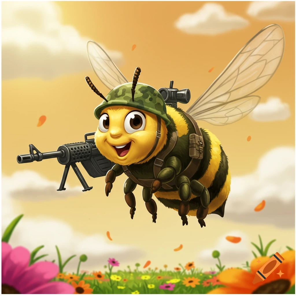 A cheerful cartoon bee with a military helmet and a machine gun flies ...