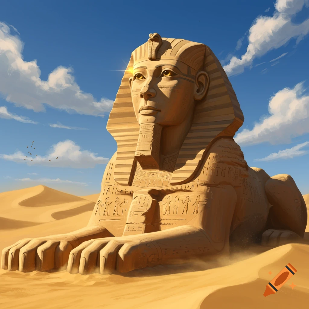 An ancient Egyptian pharaoh on a golden throne by the Nile at sunset ...