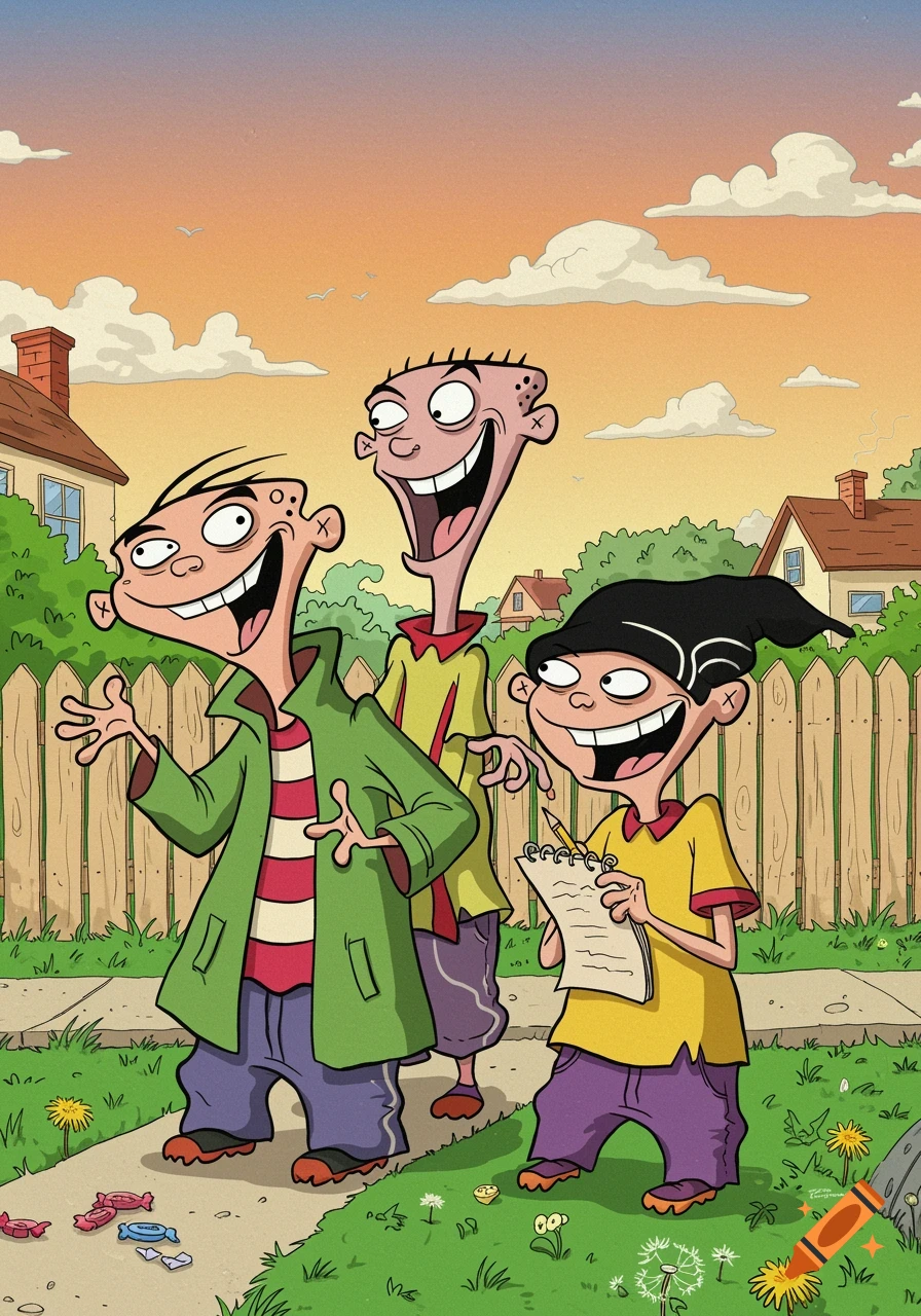 Cartoon characters Ed, Edd, and Eddy stand on a sidewalk in a suburban ...
