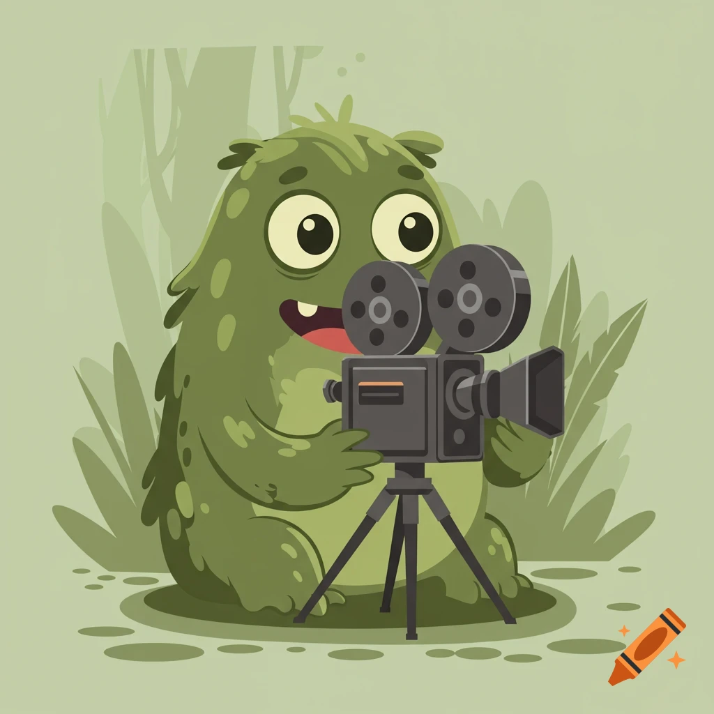 A happy, furry green swamp monster holds a vintage film camera on a ...