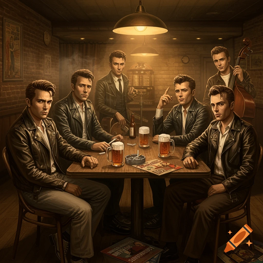Six men in leather jackets sit around a table in a dimly lit bar with ...