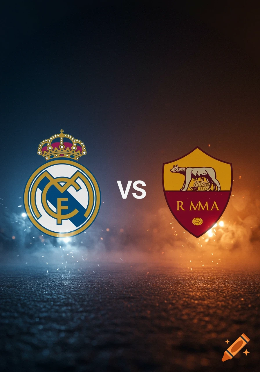 Real Madrid and AS Roma football club logos facing each other with 'VS ...