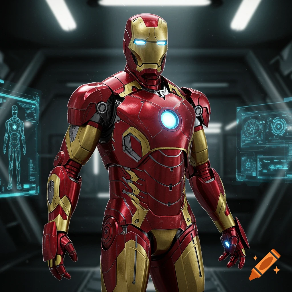 An array of Iron Man suits, including red and gold, gold, and silver ...