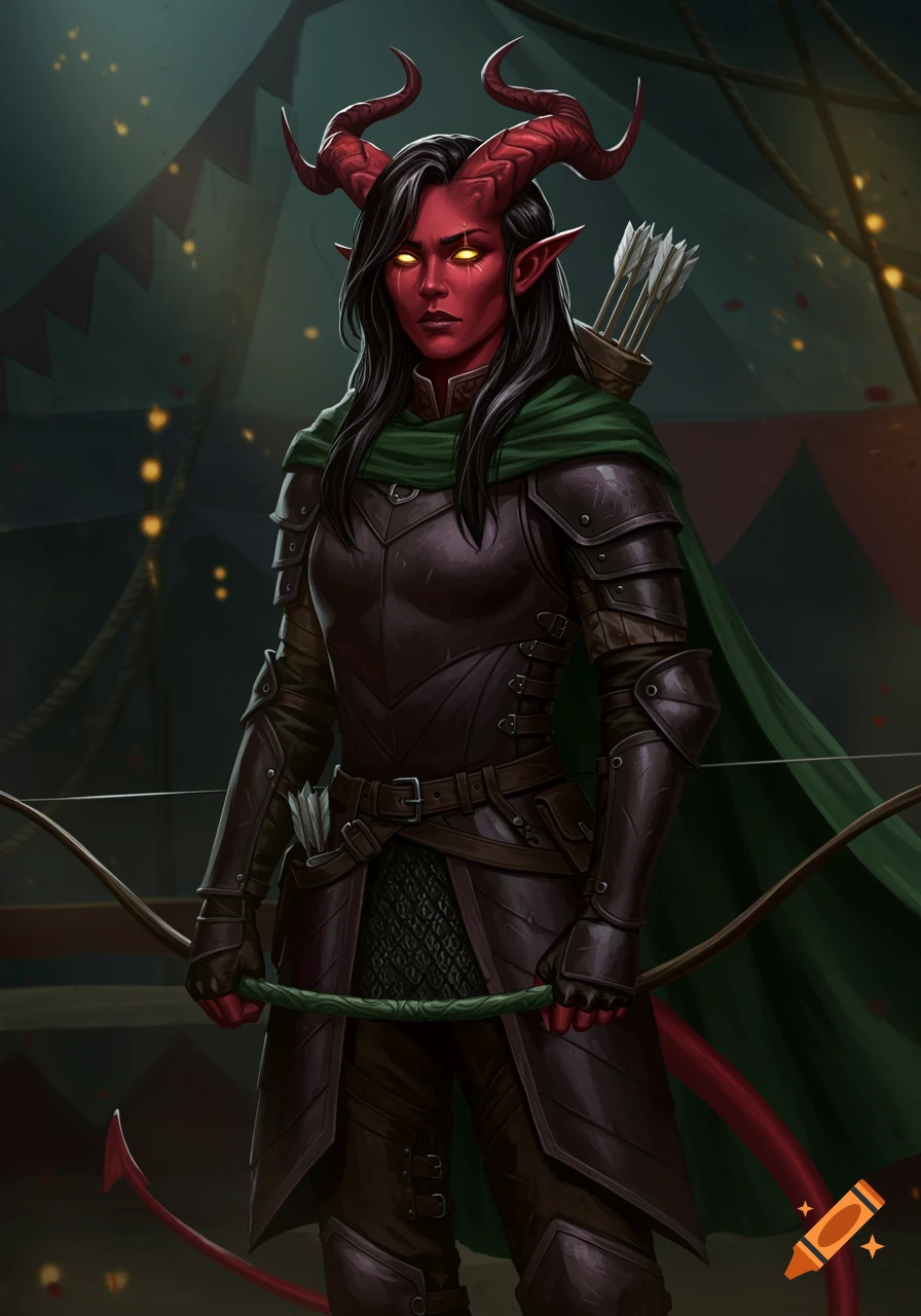 A detailed fantasy portrait of a female tiefling ranger with red skin ...