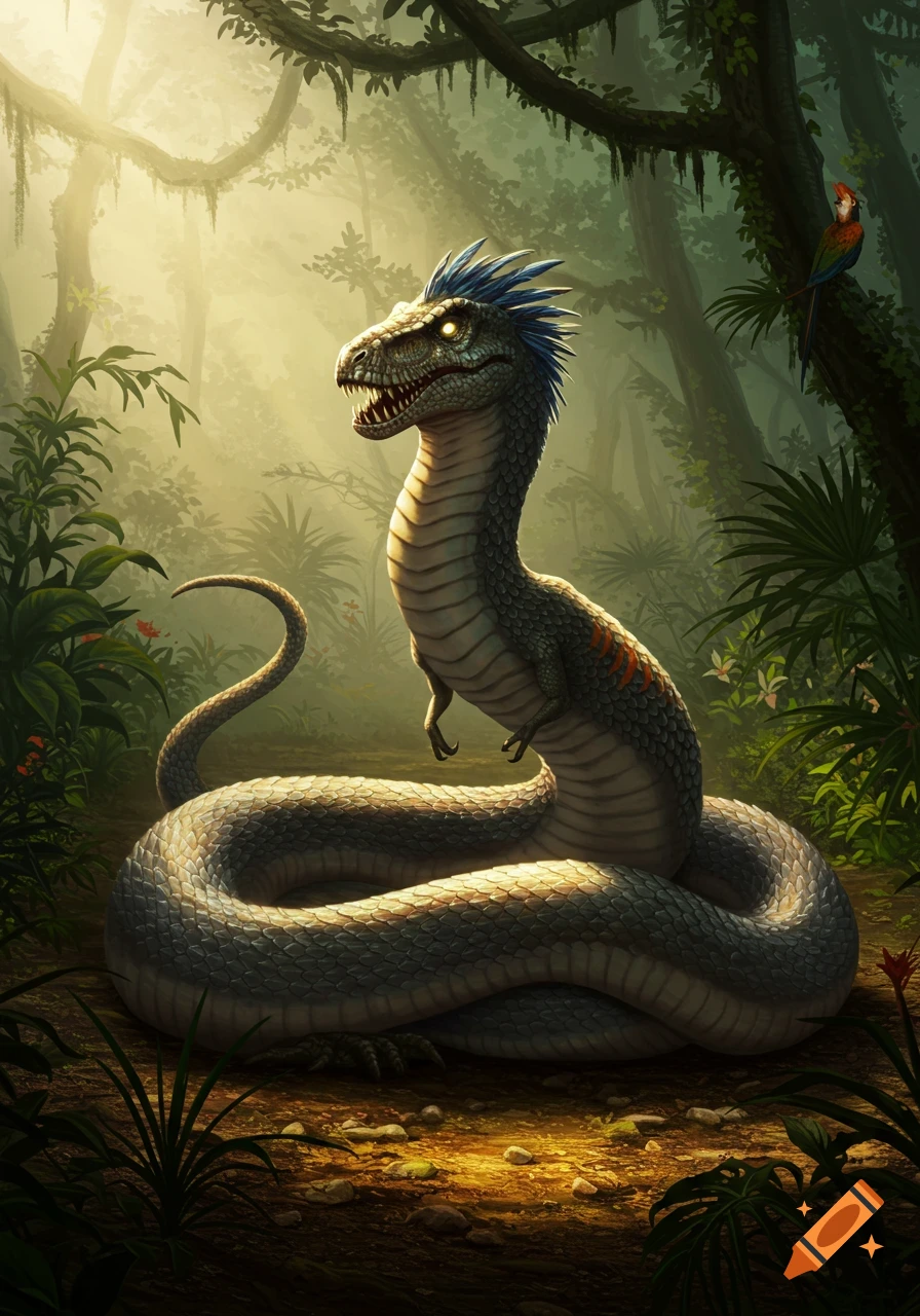 A grey T-Rex-headed snake creature with blue spikes and glowing eyes stands in a sunlit jungle ...
