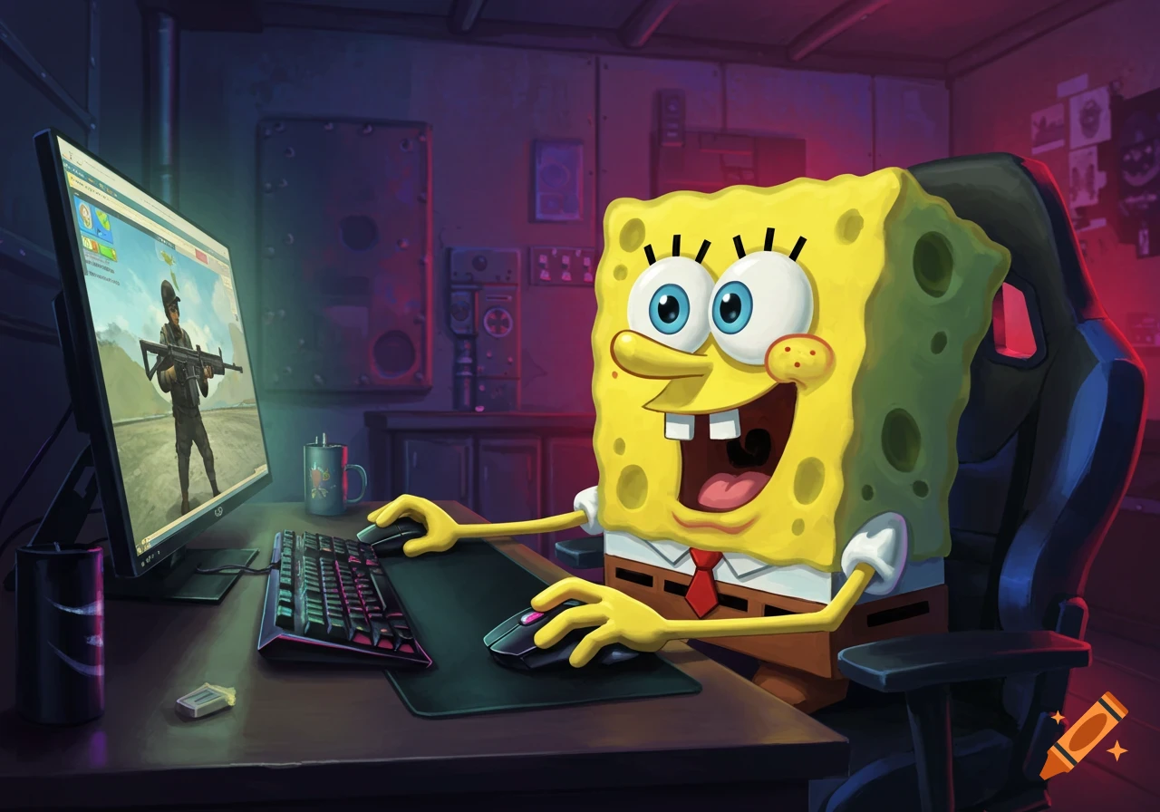 Spongebob Squarepants sitting at a desk playing a first-person shooter ...