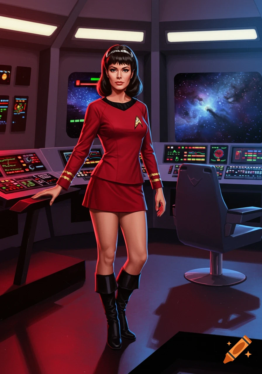 A digitally illustrated woman in a 1960s Star Trek-style red mini-dress ...