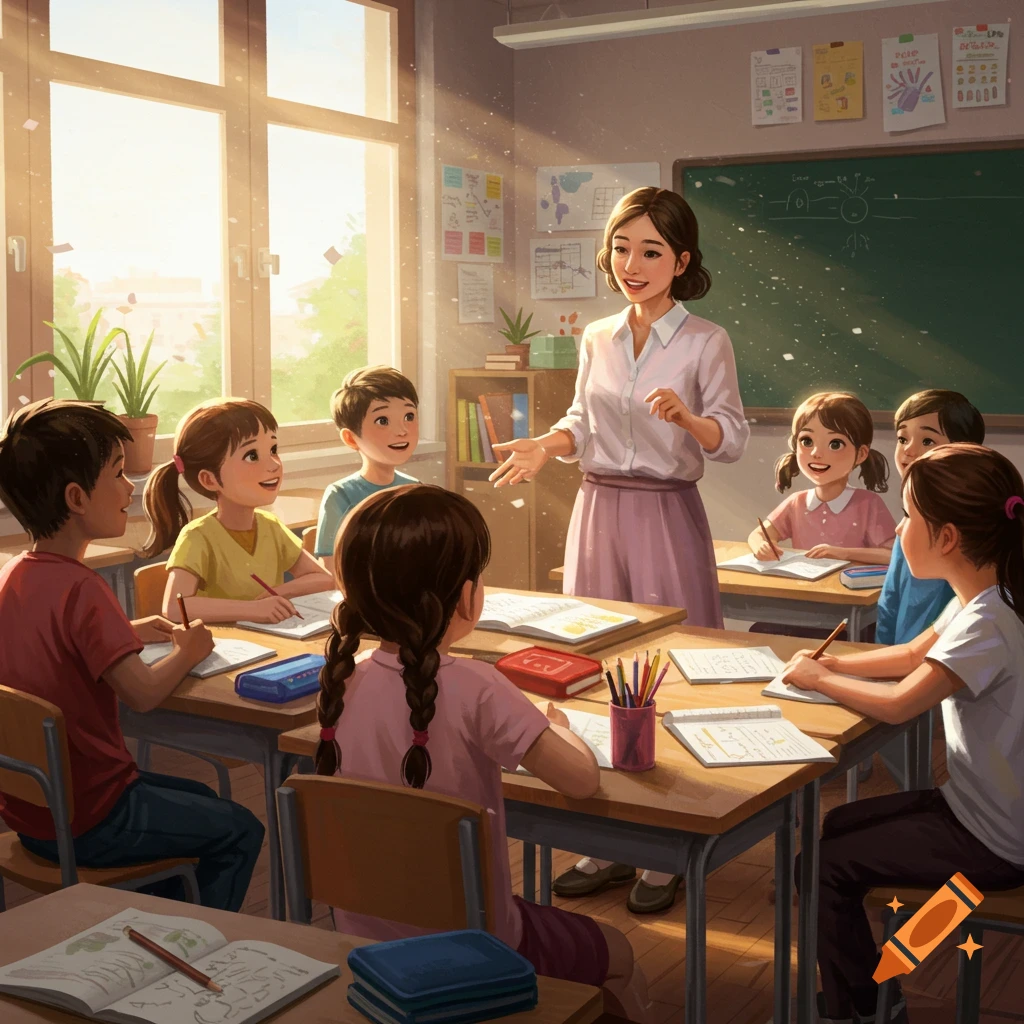 A female teacher interacts with a group of diverse young students in a ...