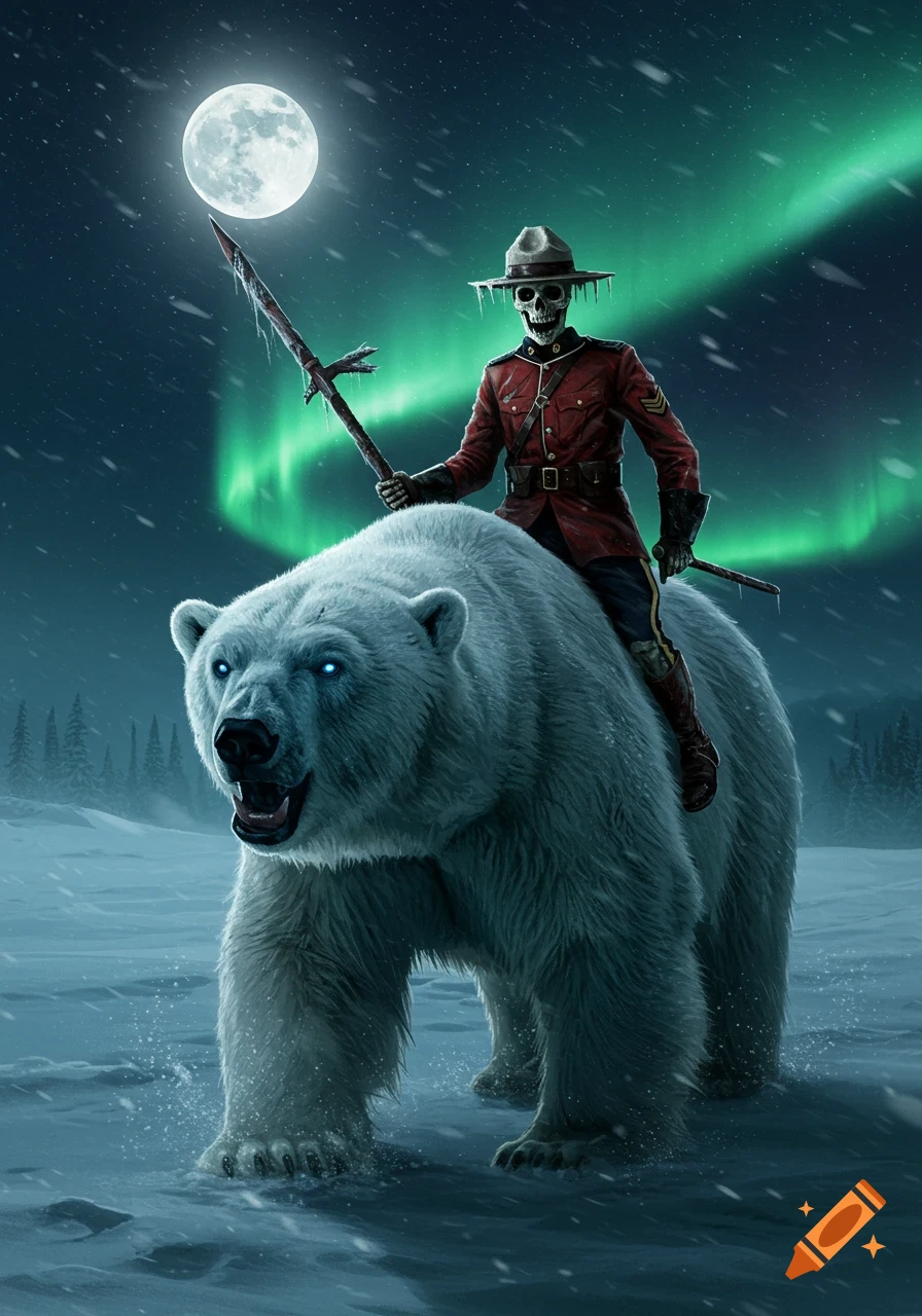 A skeleton in a red Canadian Mountie-style uniform rides a large polar ...