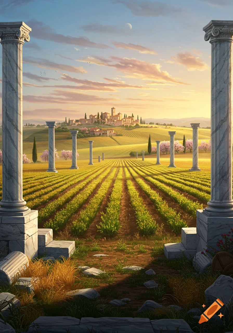 A surreal Italian landscape featuring a pasta-wrapped column, a gondola ...