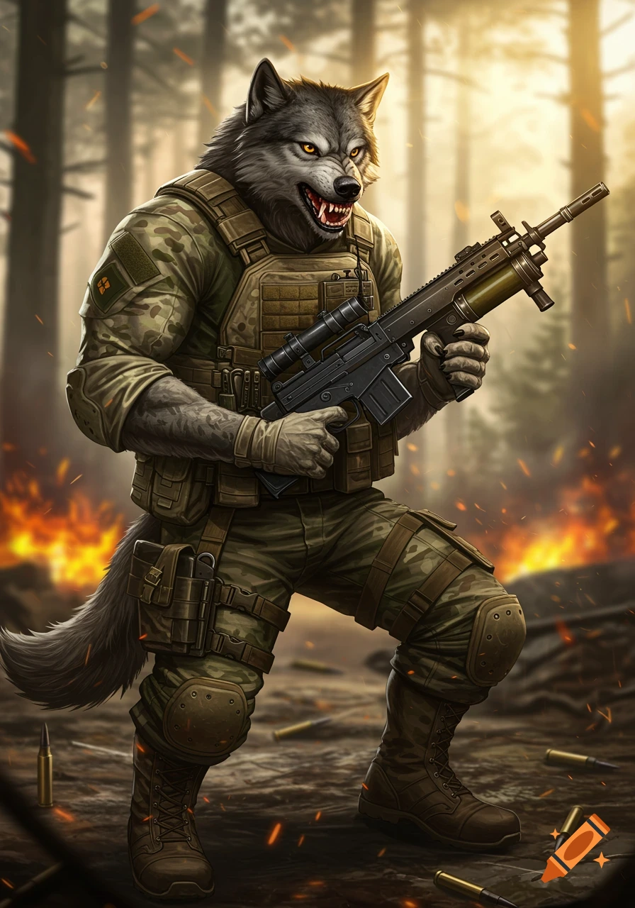 A bipedal, anthropomorphic cyborg coyote holds two revolvers in a ...