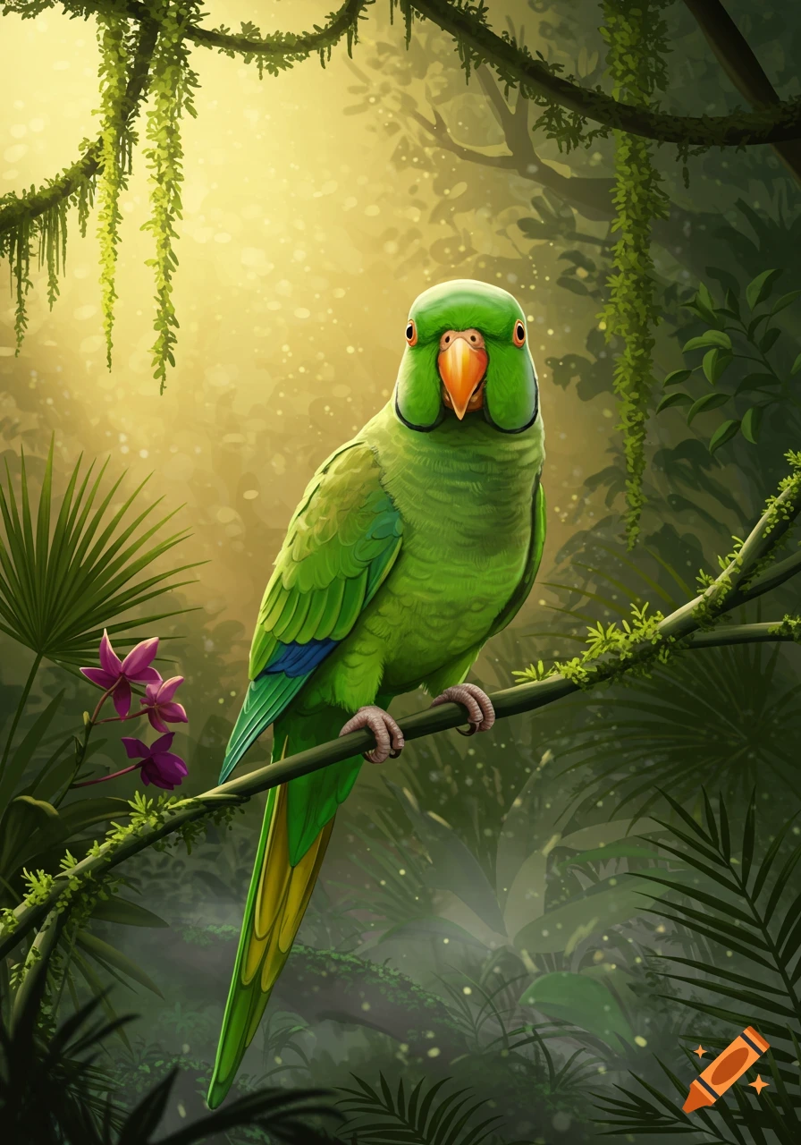 A vibrant, colorful sun conure parrot perches on a branch in a lush, sunlit jungle. on Craiyon