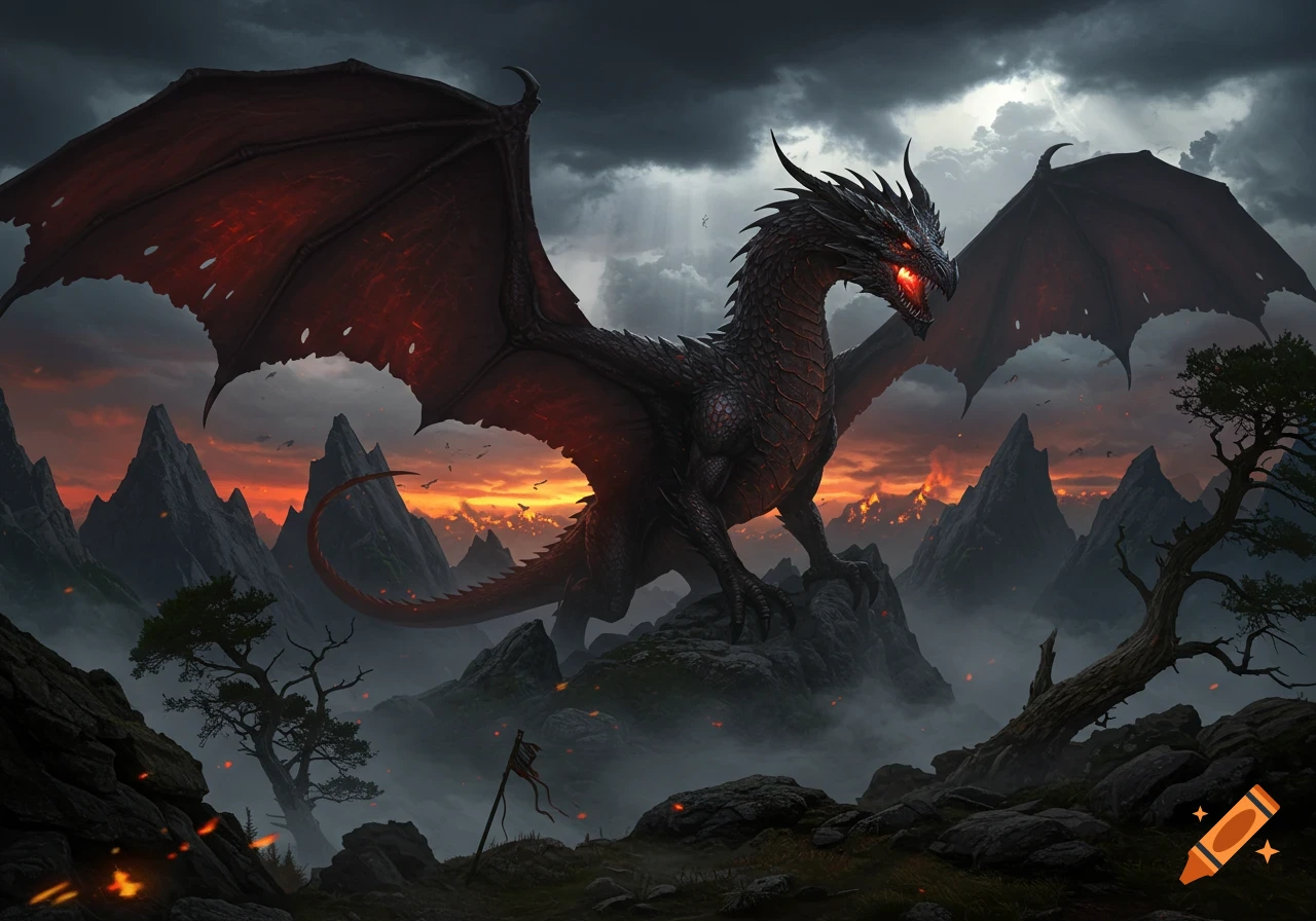 A majestic dark grey dragon-shark hybrid with large wings stands on a ...