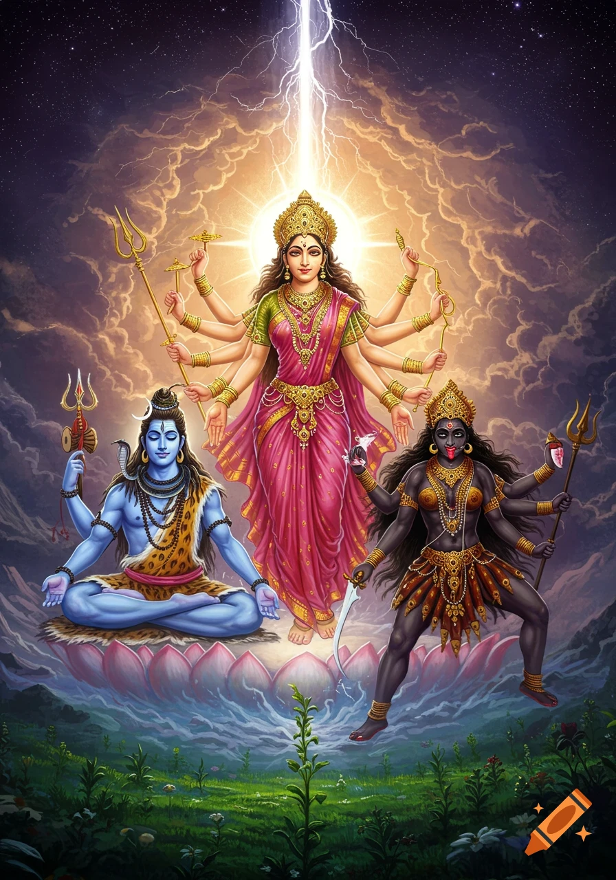 Shiva, Shakti, and Kali, Hindu deities, in a divine, mystical landscape ...
