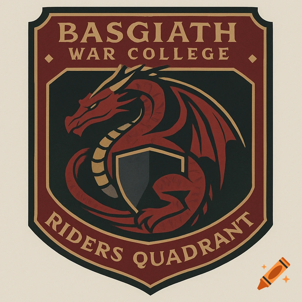 An emblem for Basgiath War College, Riders Quadrant, featuring a red ...