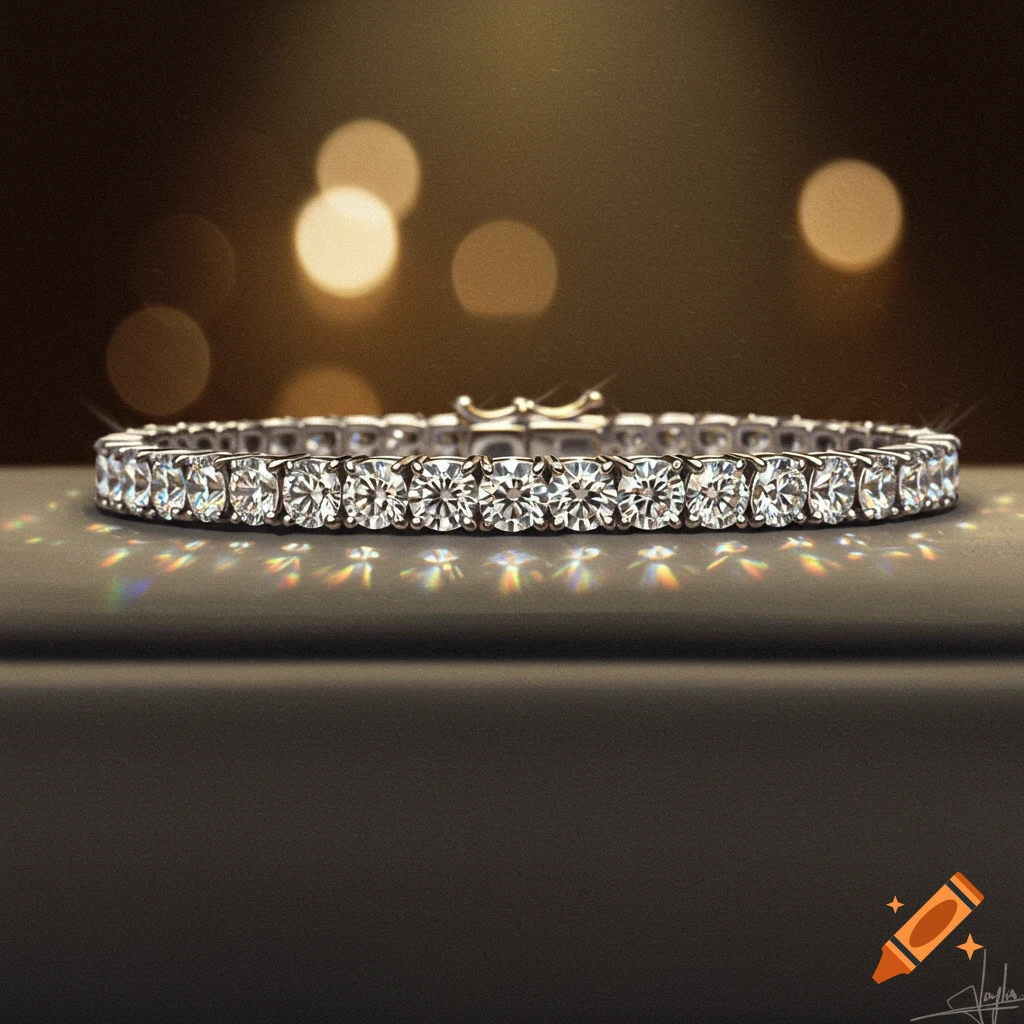 A close-up, photorealistic image of a sparkling diamond tennis bracelet on a dark surface with ...