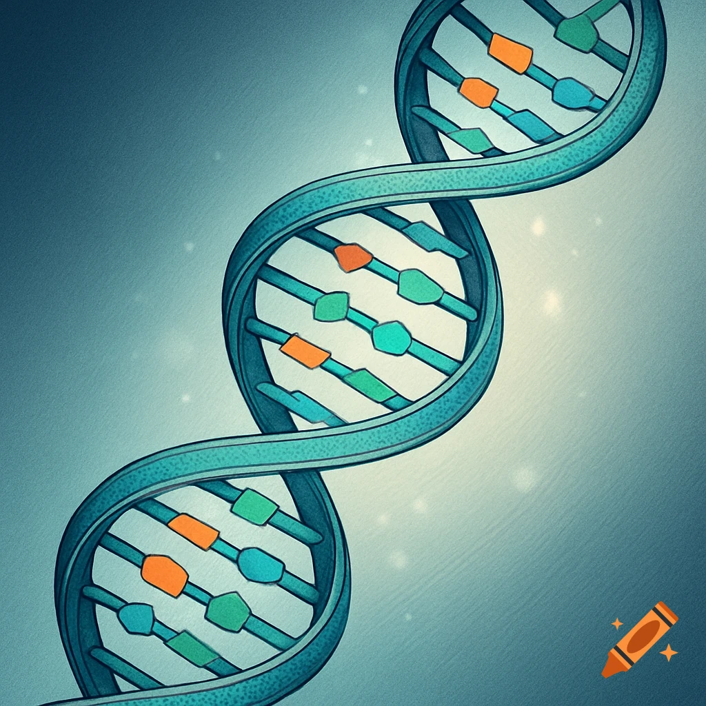 A colorful diagram of a DNA double helix against a blue-green ...