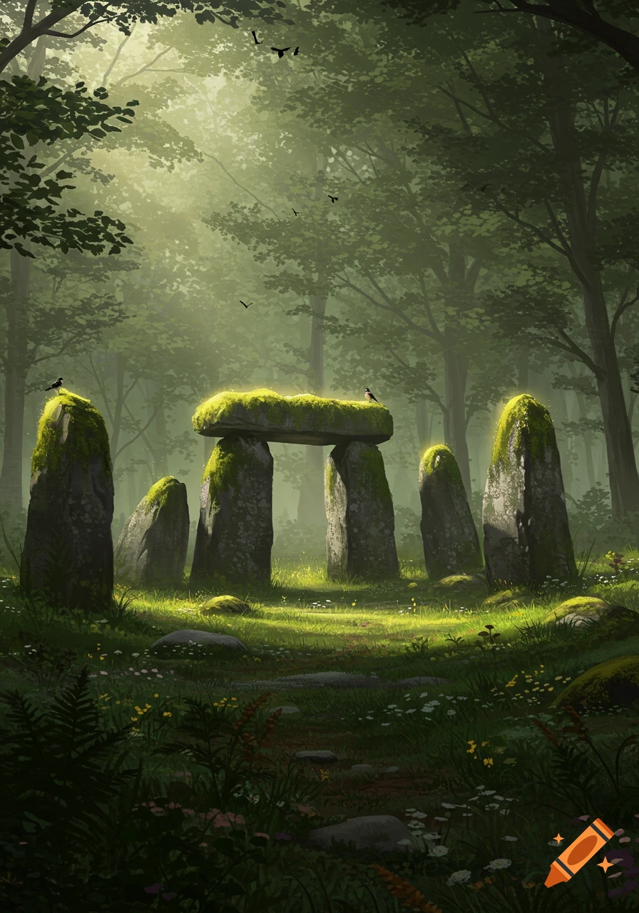 A lush, sunlit forest clearing with a moss-covered stone henge ...