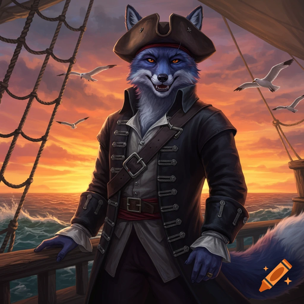 A cartoon skunk pirate with an eye patch and sword rides a coyote ...