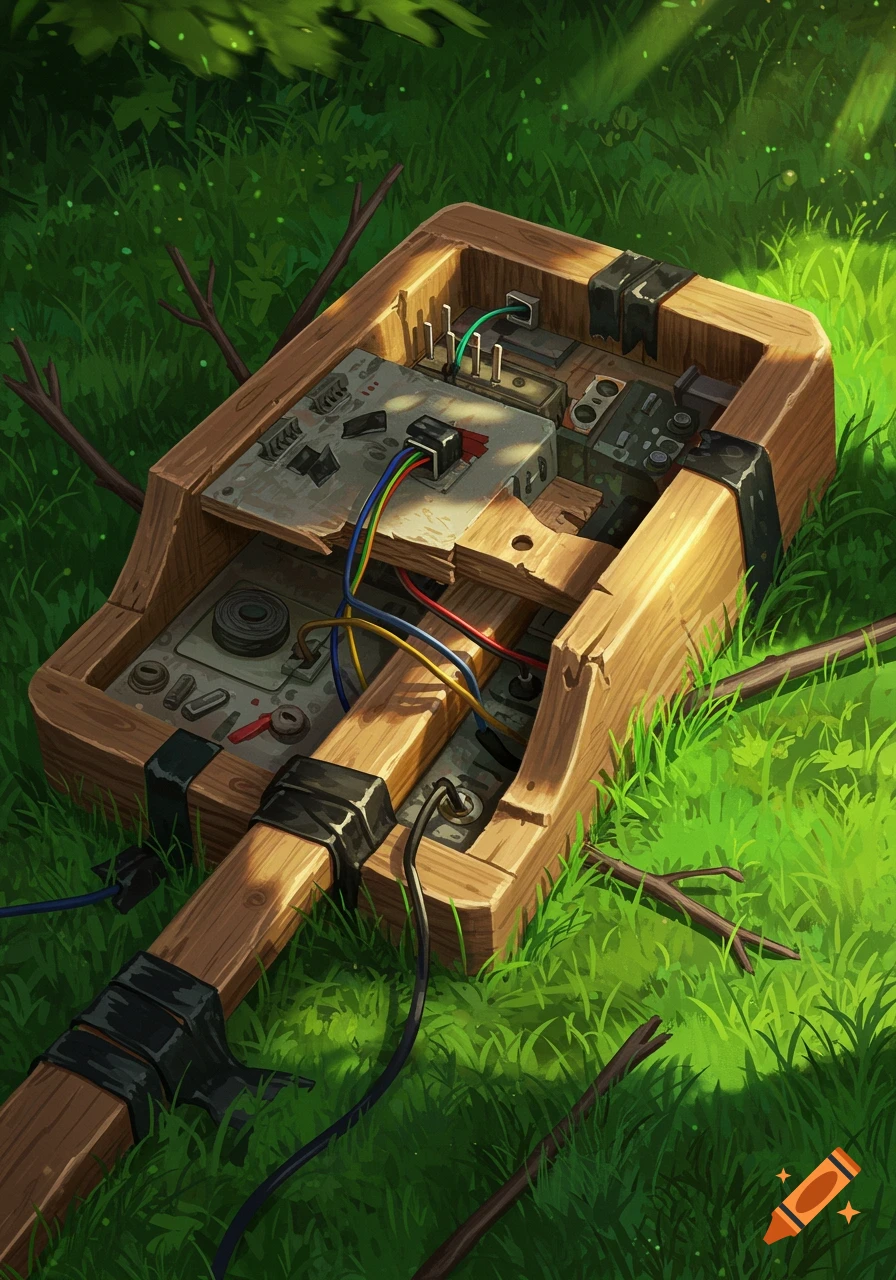 A broken wooden handheld device with colorful wires and black tape lies ...