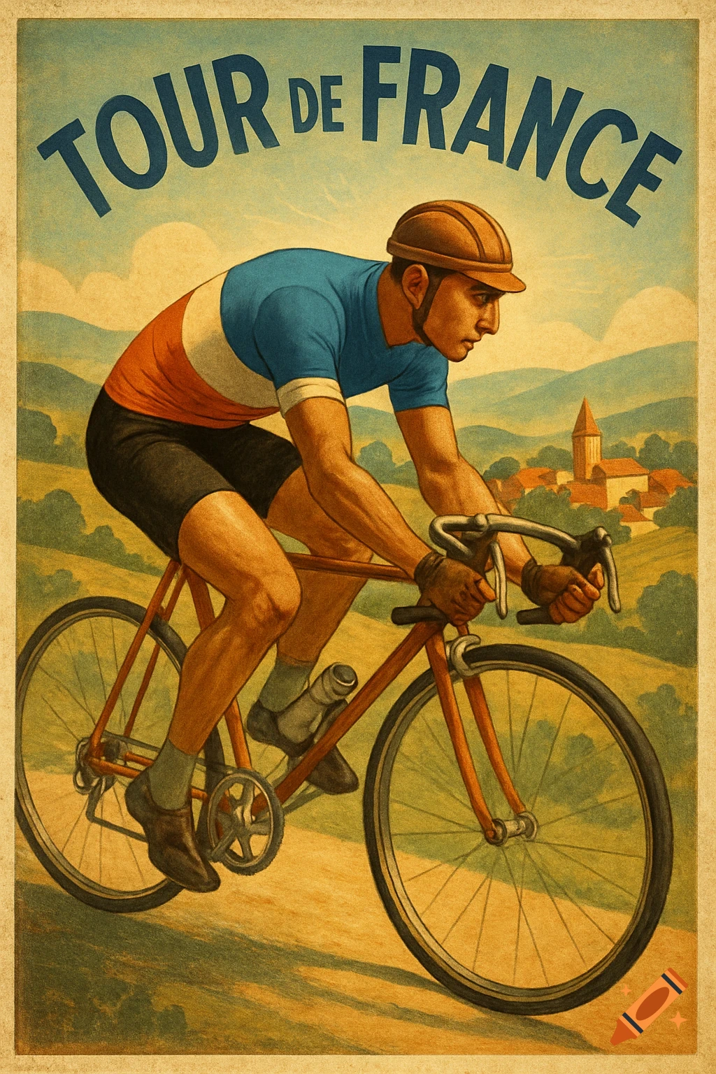 Vintage poster of a male cyclist in a blue, white, and red jersey on a ...