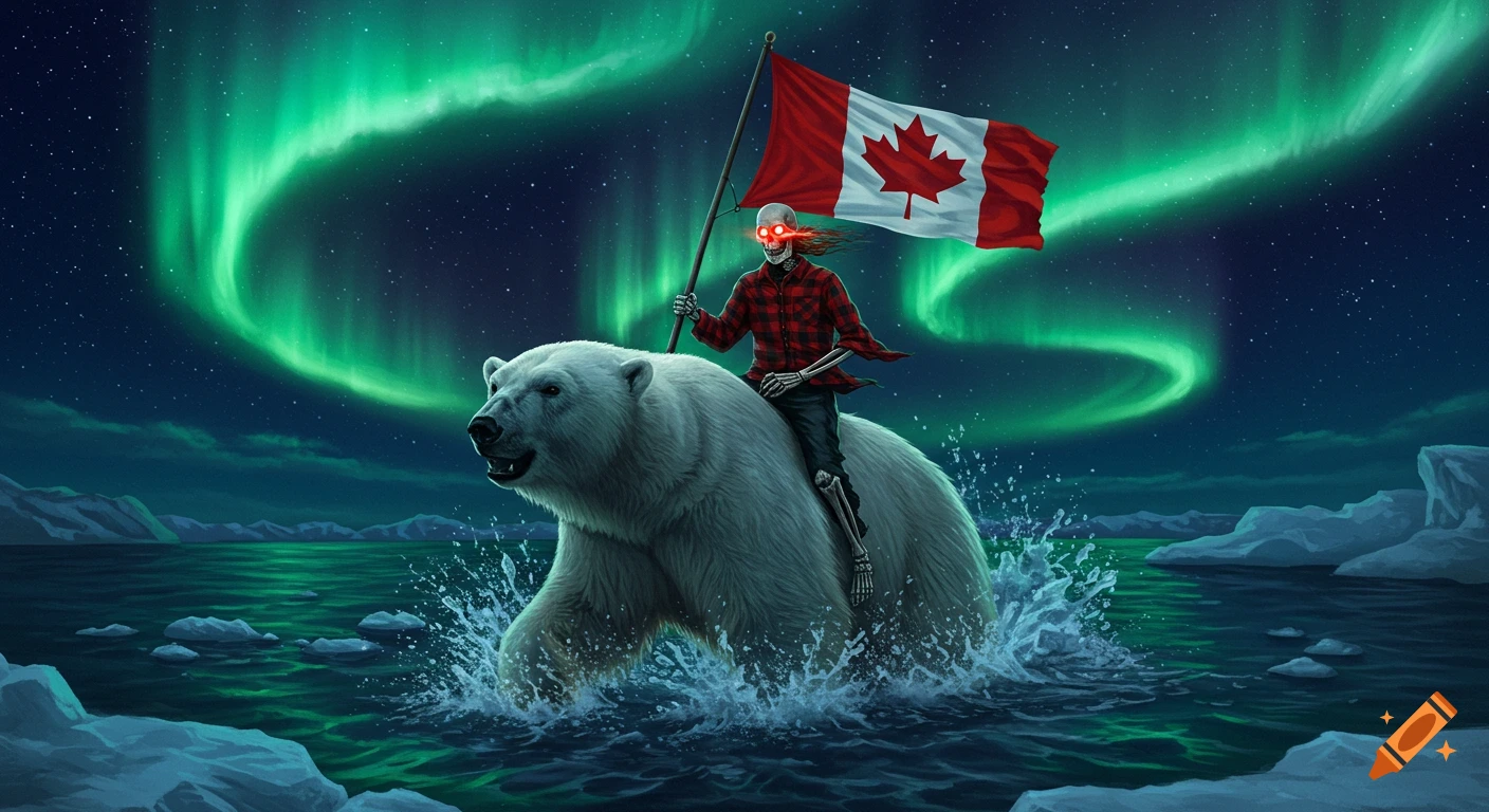 An illustration of a skeleton in a plaid shirt riding a polar bear through icy water, holding a ...
