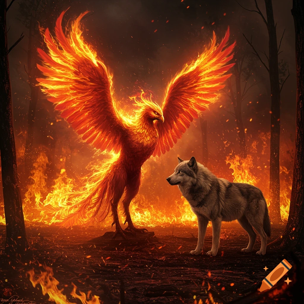 A fiery phoenix and a wolf stand face-to-face in a burning forest with ...