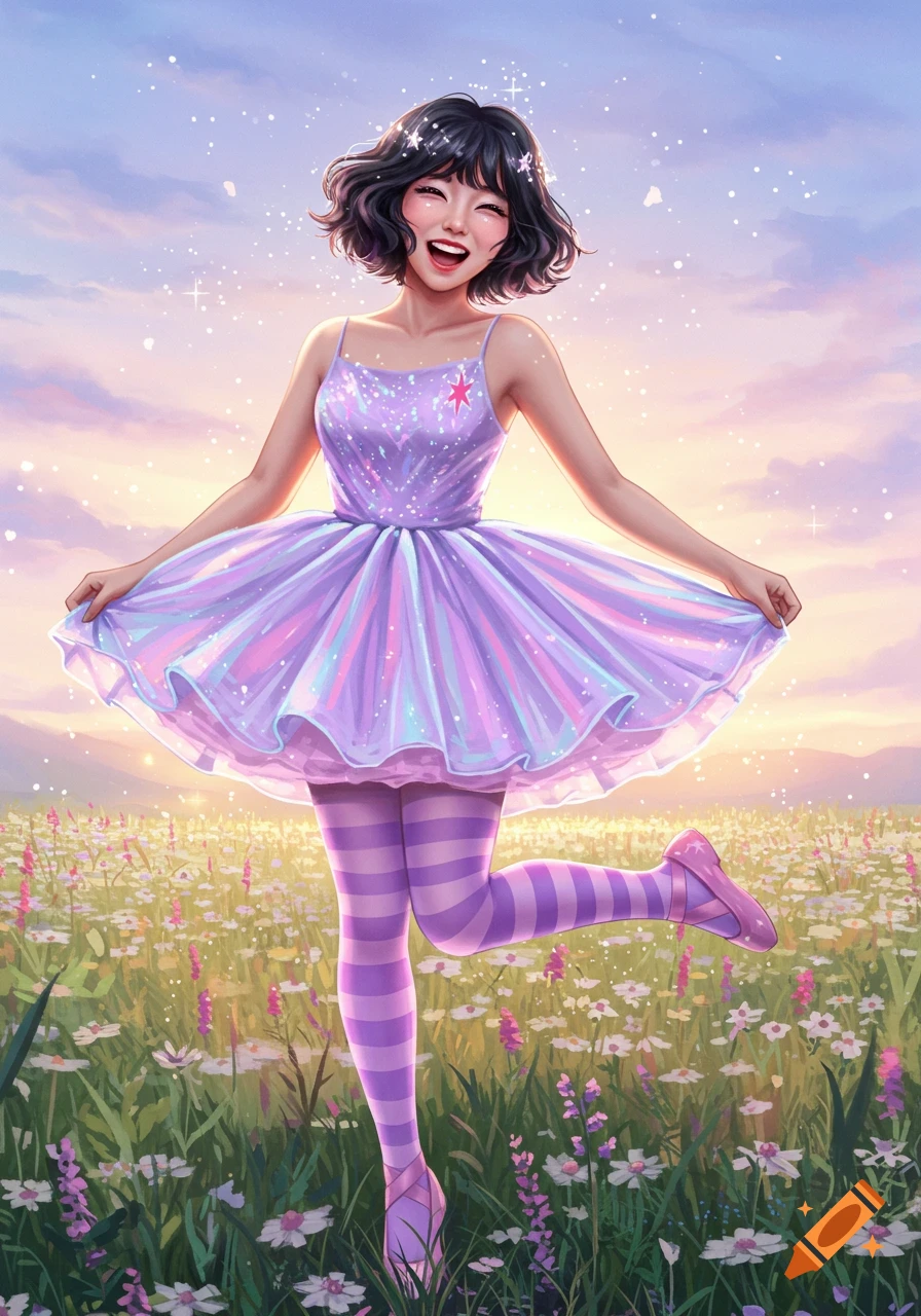 A happy woman in a purple sparkly dress and striped tights in a ...