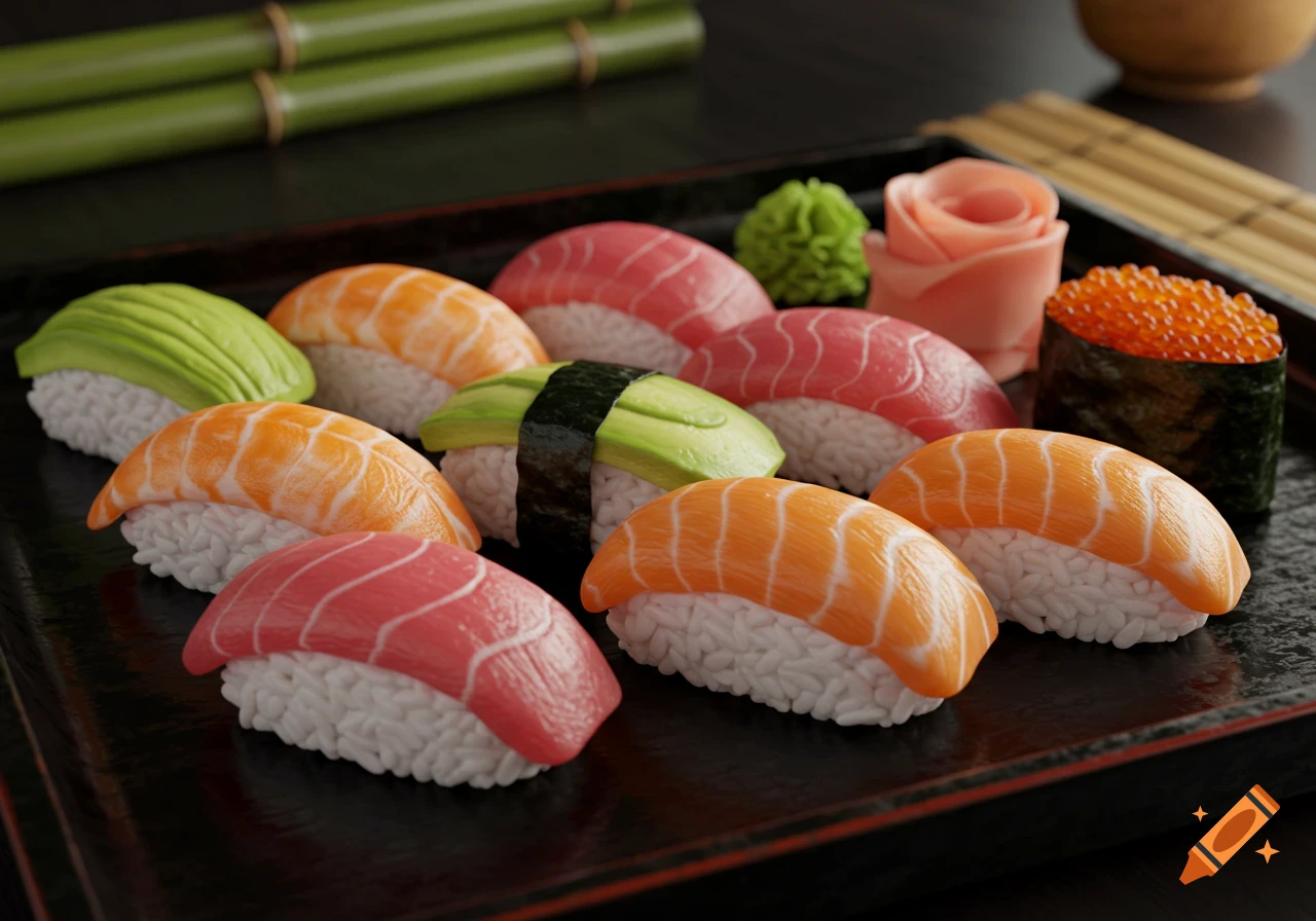 A close-up of various types of sushi, including salmon, tuna, avocado ...