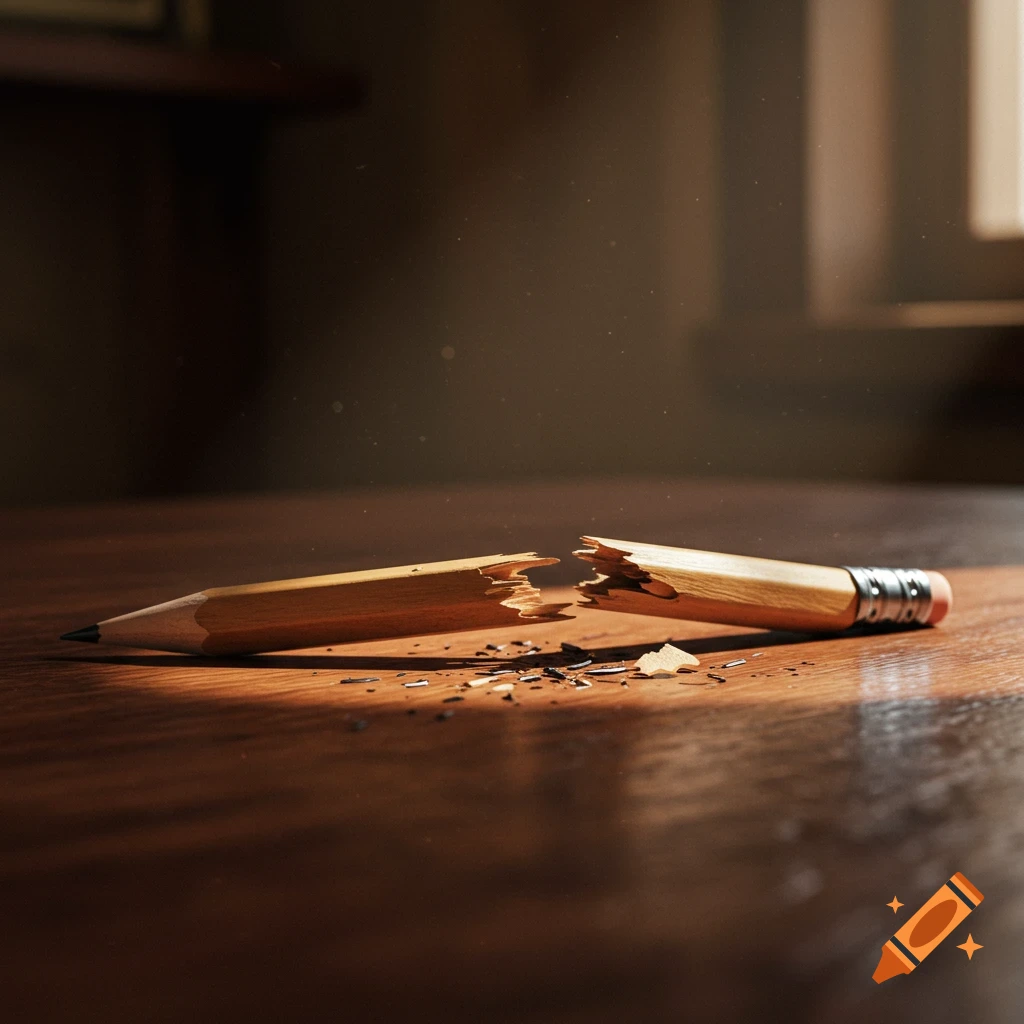 A broken wooden pencil with a graphite tip and an eraser lies on a dark ...