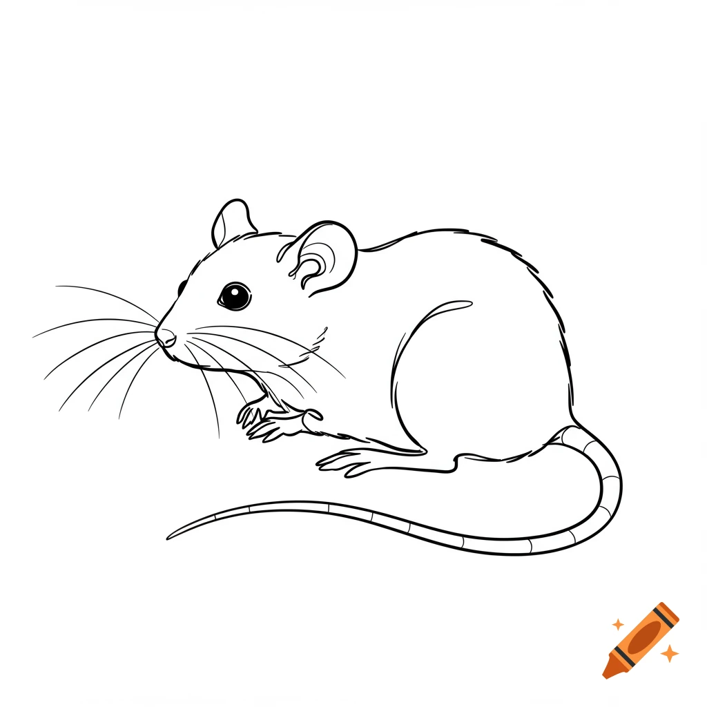 A simple black and white line drawing of a cute mouse sitting on a ...