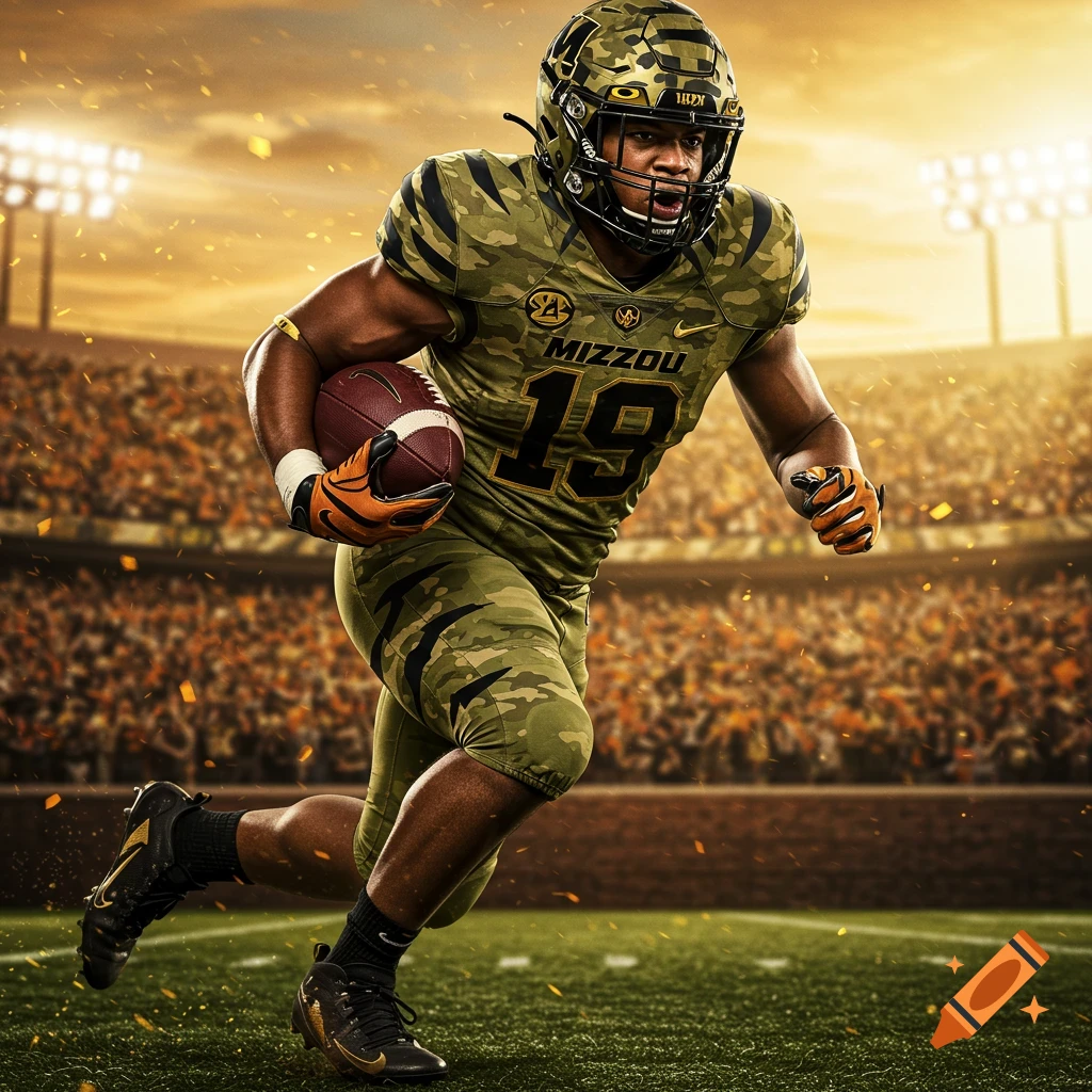 Photorealistic football player in a red and gold uniform running on a ...