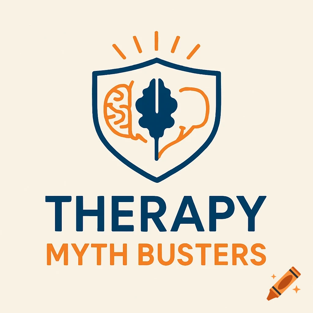 A logo for Therapy Myth Busters featuring a blue shield with orange ...